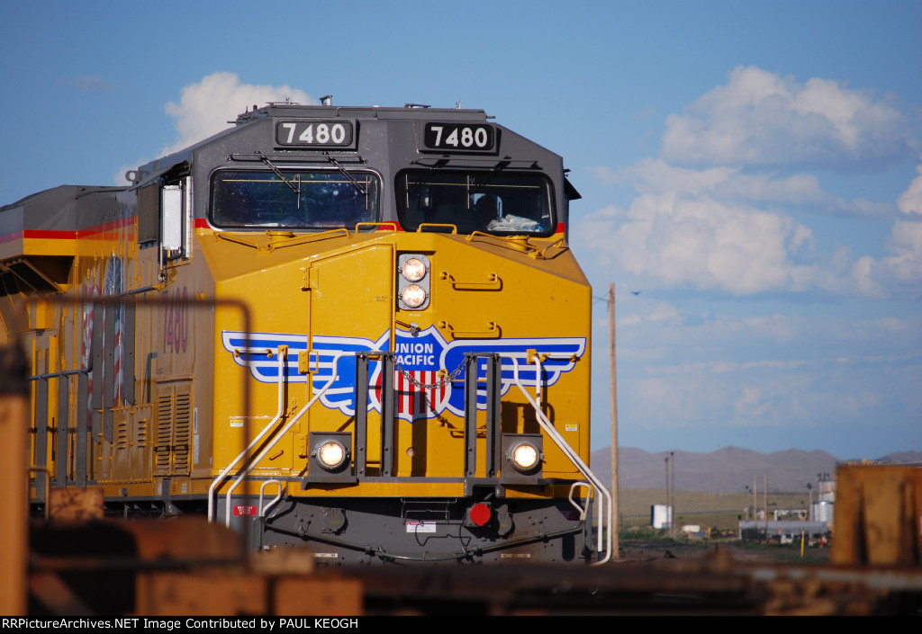 Zoom in shot of the crew cab of UP 7480 as she Leads the Z G2LT (Global 2 to Lathrop, California ...